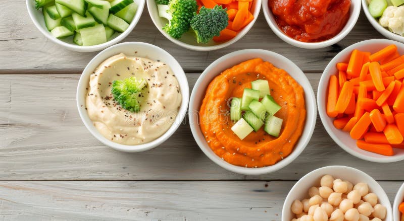 Colorful Vegetable Dips and Fresh Produce on Rustic Wooden Table Stock ...
