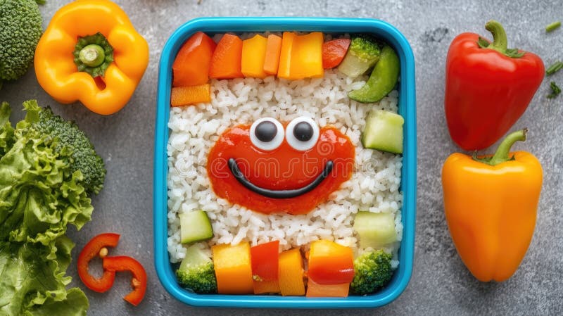 Colorful Vegetable and Rice Bento Box with Smiley Face Design Stock ...