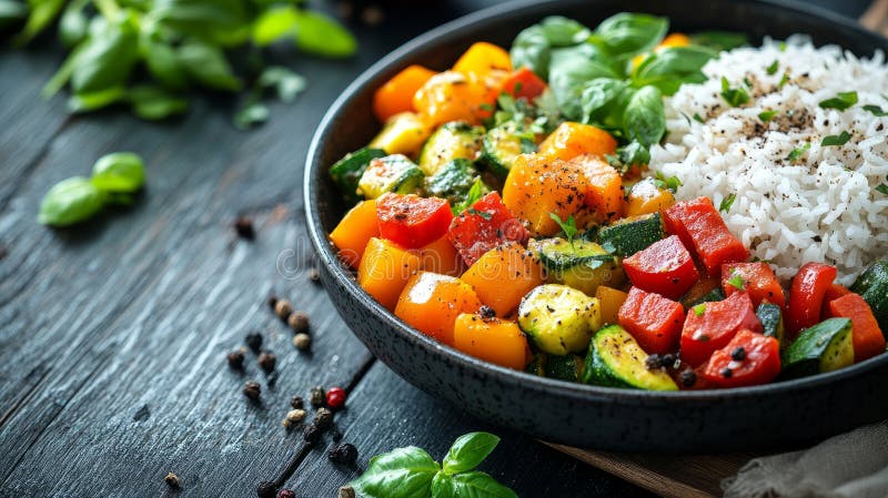 Colorful Vegetable and Rice Bowl with Herbs on Rustic Table. Stock ...