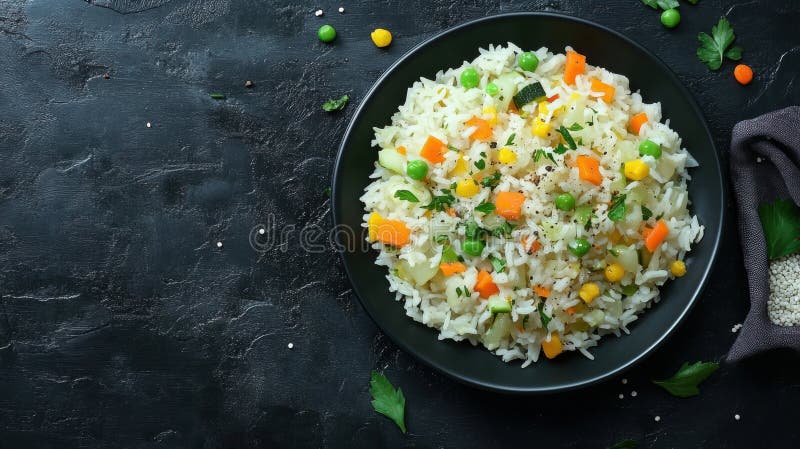 Colorful Vegetable Rice Dish Served on a Dark Plate Stock Illustration ...