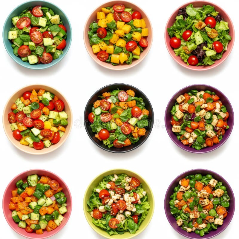 Colorful Vegetable Salads in Bowls, Top View Stock Illustration ...