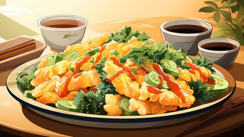 Colorful Vegetable Tempura Arranged on a Plate Flat Illustration Stock ...