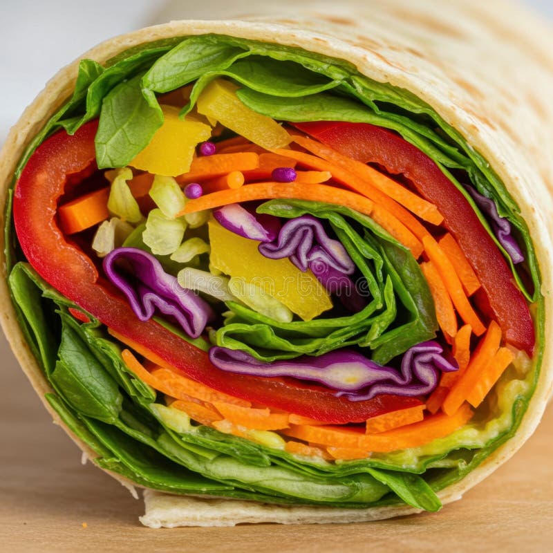 Colorful Vegetable Wrap with Red and Yellow Peppers Carrots and Spinach ...