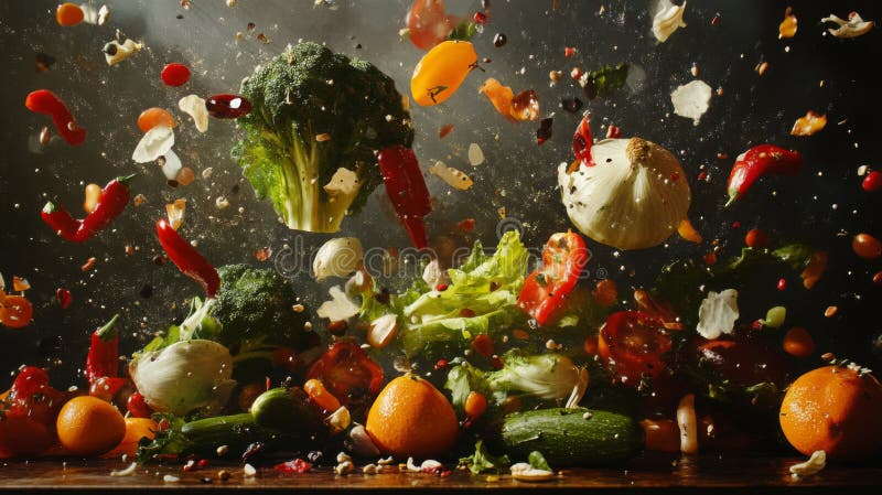 Colorful Vegetables Flying in Dark Background Stock Illustration ...