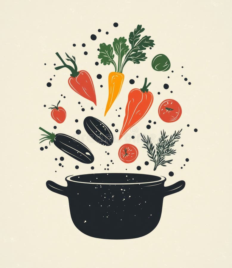 Colorful Vegetables and Herbs Floating Above a Cooking Pot Stock Photo ...