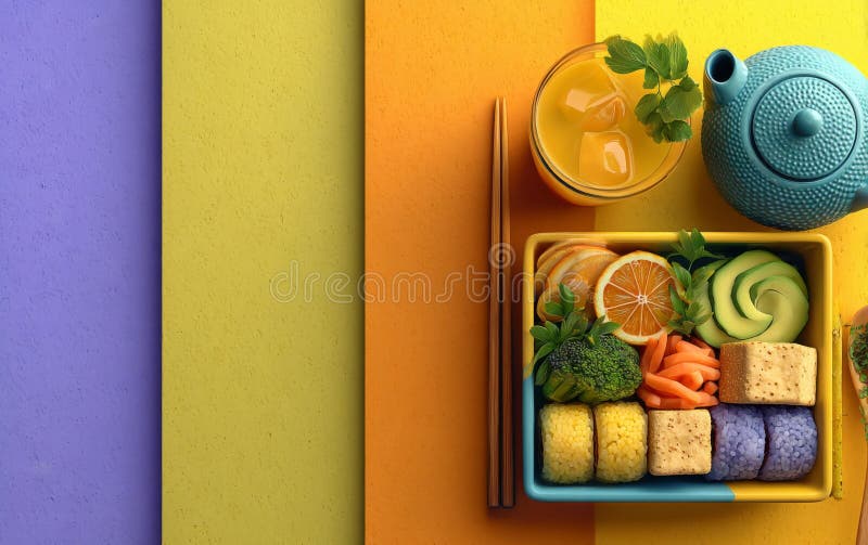 Colorful Vegetarian Bento Box Lunch with Tea Stock Illustration ...