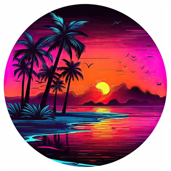 Neon Beach Sunset Illustration with a Technicolor Circle Design on a ...