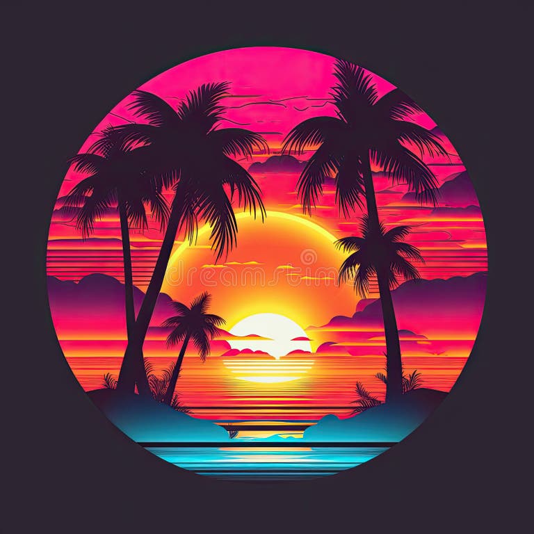 Neon Beach Sunset Illustration with a Technicolor Circle Design on a ...