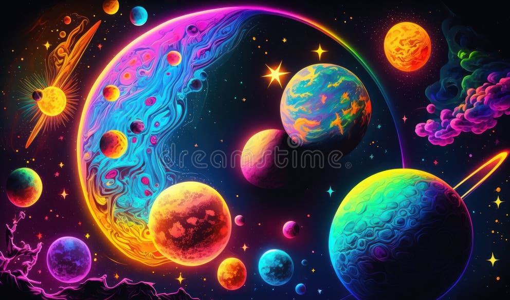 Colorful Psychedelic Galaxy and Planets in Space Illustration ...