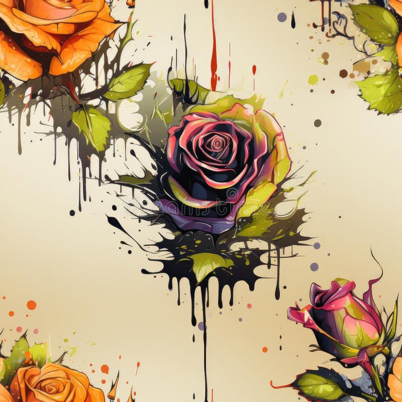 Colorful and Vibrant Pattern with Splattered Roses and Dripping Paint ...
