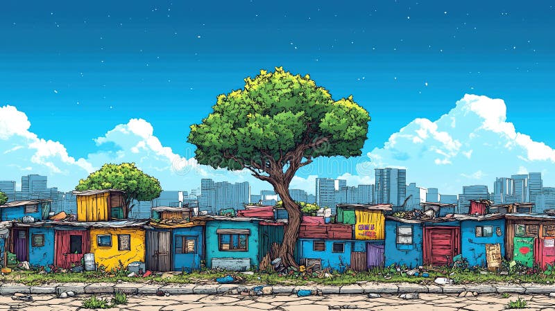 Colorful, Vibrant Slum Cityscape with a Large Tree in the Center Stock ...