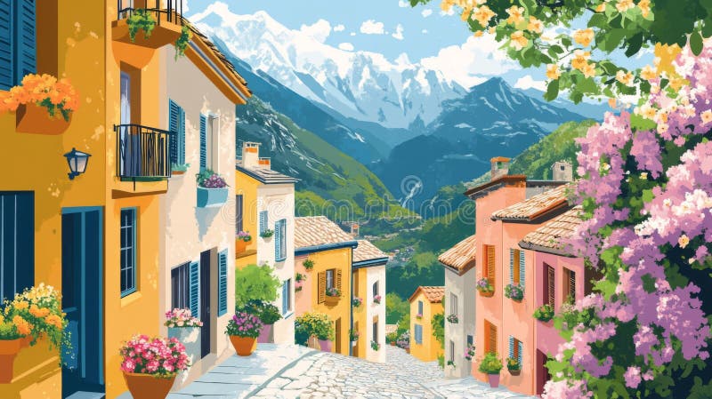 Colorful Village Nestled in Mountain Valley Stock Illustration ...