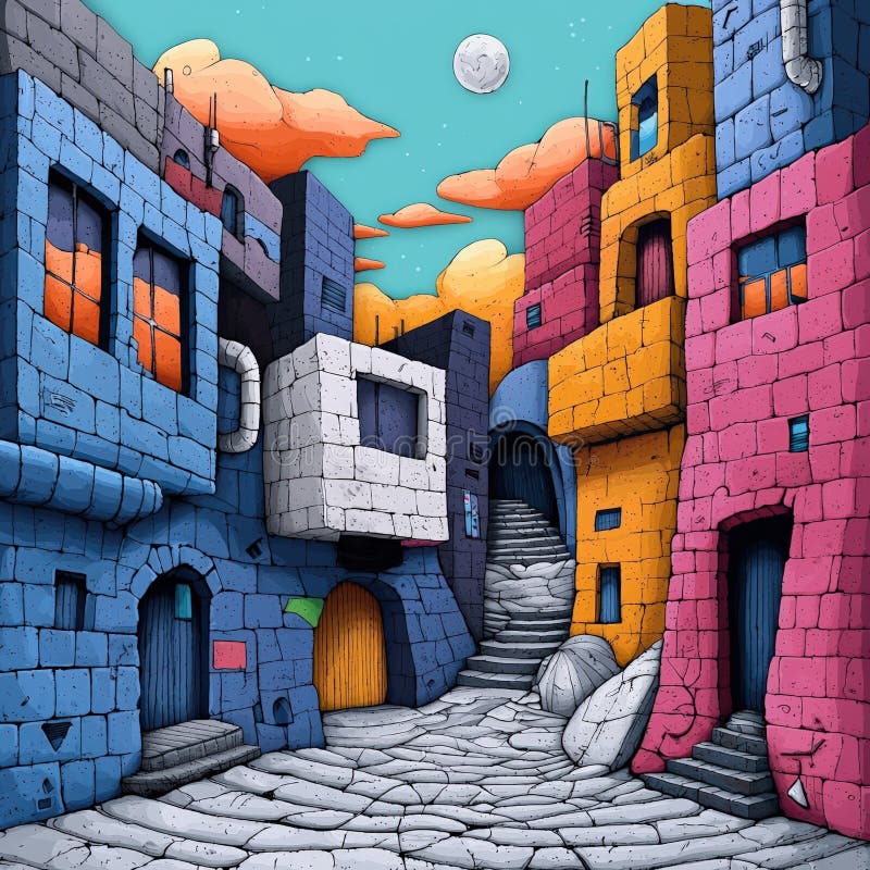 Colorful Village with Stone Buildings and Sky Stock Illustration ...