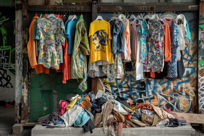 Colorful Vintage Clothing Display with Graffiti Background in Urban ...
