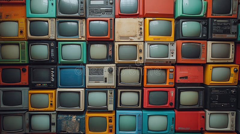 Colorful Vintage Television Sets Arranged in a Grid Pattern on a Wall ...