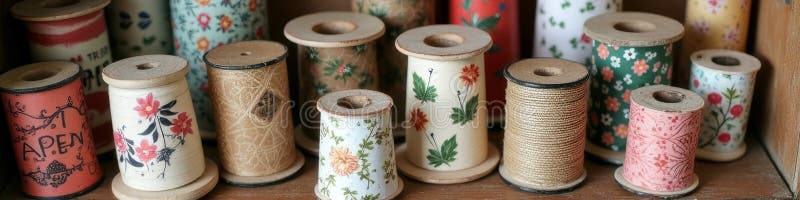 Colorful Vintage Wooden Thread Spools with Floral Patterns Stock ...