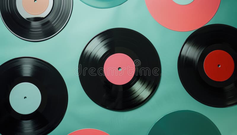 Colorful Vinyl Records Assortment on Green Background. Stock Photo ...