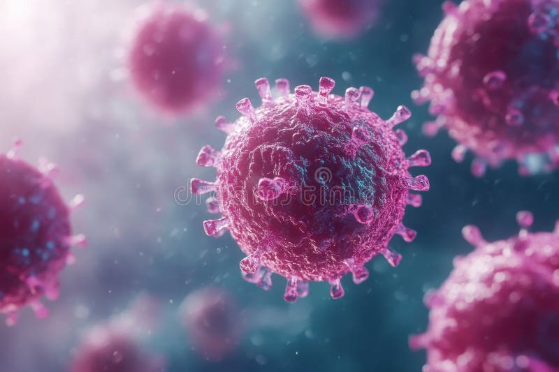 Microscopic View of Vibrant Pink Virus Particles in a Scientific ...