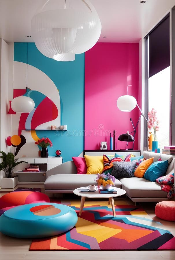 A Colorful Vivid Modern Living Room Creative Design Stock Illustration ...