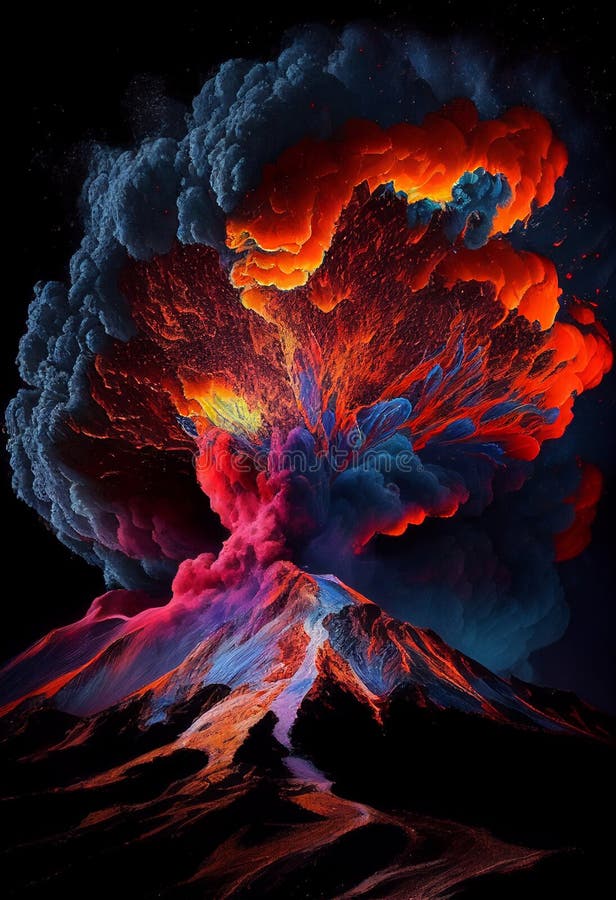 Colorful Volcano Eruption at Night. AI Generated Stock Illustration ...