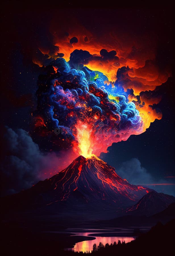 Colorful Volcano Eruption at Night. AI Generated Stock Illustration ...