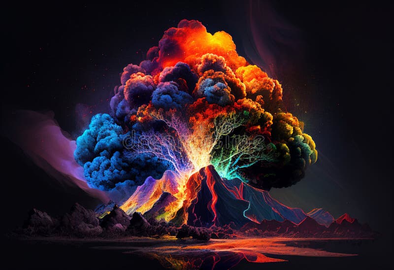 Colorful Volcano Eruption at Night. AI Generated Stock Illustration ...