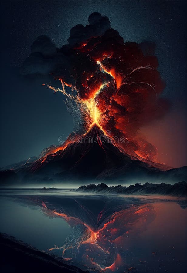 Colorful Volcano Eruption at Night. AI Generated Stock Illustration ...