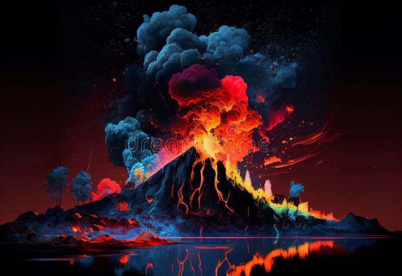 Colorful Volcano Eruption at Night. AI Generated Stock Image - Image of ...