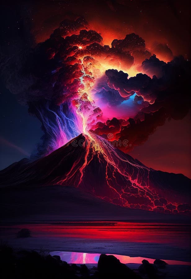 Colorful Volcano Eruption at Night. AI Generated Stock Photo - Image of ...