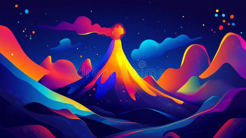 Colorful Volcano Landscape at Night Stock Illustration - Illustration ...