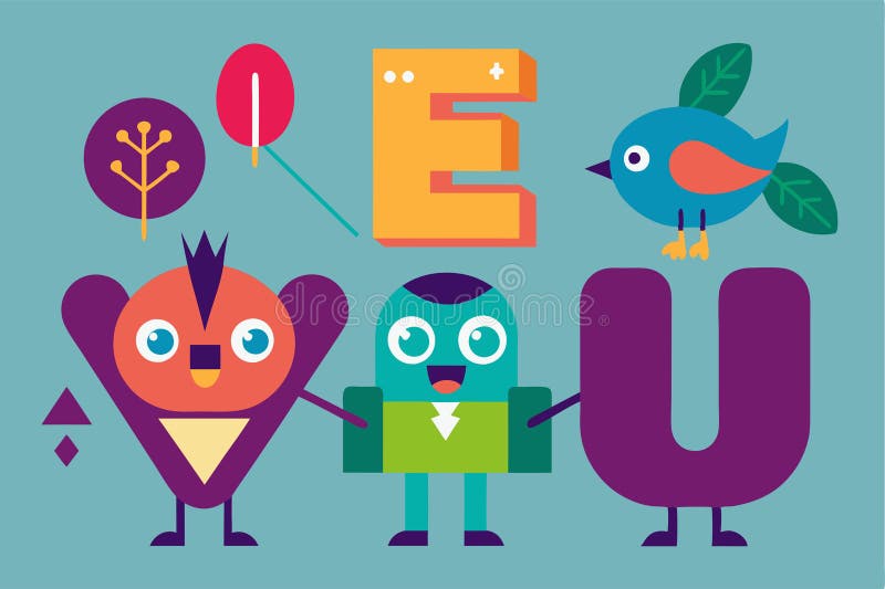 Colorful Vowels are Represented by Fun Characters and Natural Elements ...