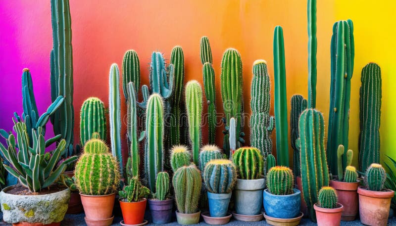 Colorful Wall Backdrop Enhances Vibrant Cactus Collection. Stock Photo ...