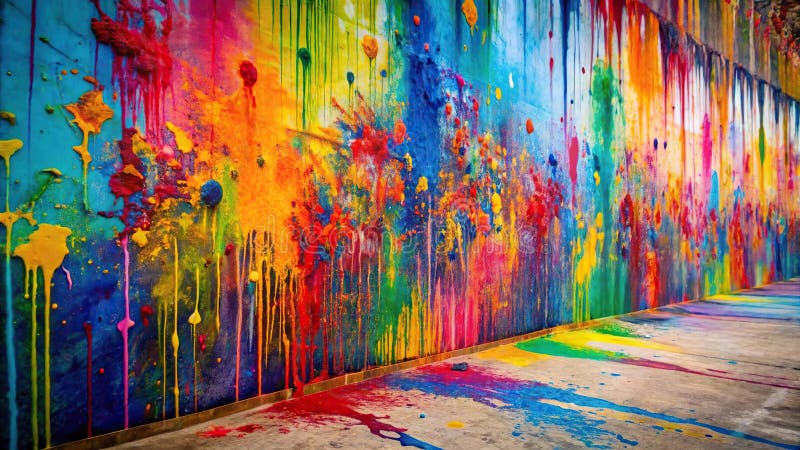 Artistic Expression: Colorful Wall Covered in Paint Splatter - Low ...