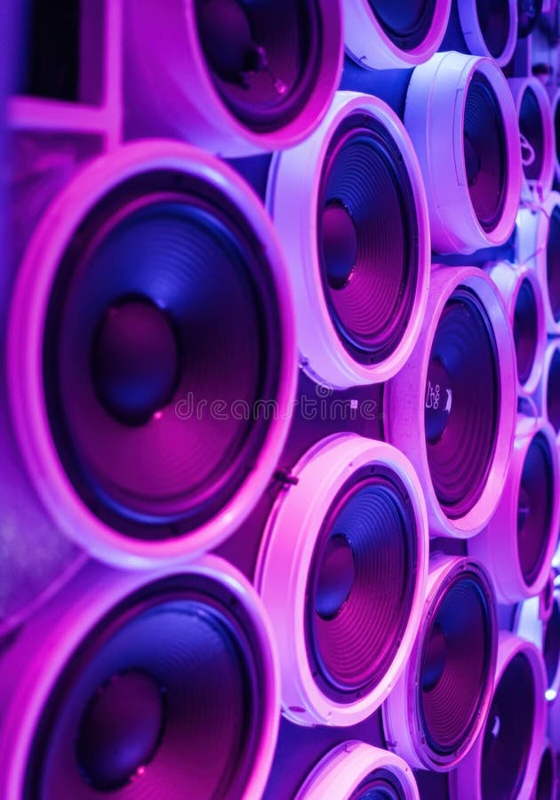 Colorful Wall of Speakers Illuminated with Vibrant Purple Lighting ...