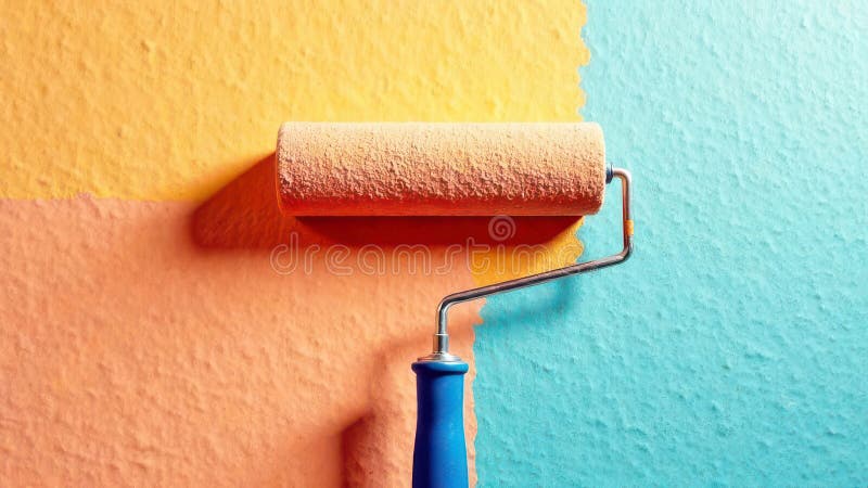 Colorful Wall Transition with Paint Roller on Textured Surface Stock ...