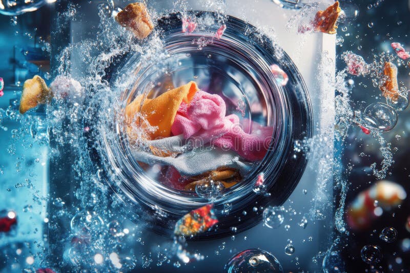 A Colorful Washing Machine with a Splash of Water and Laundry Inside ...