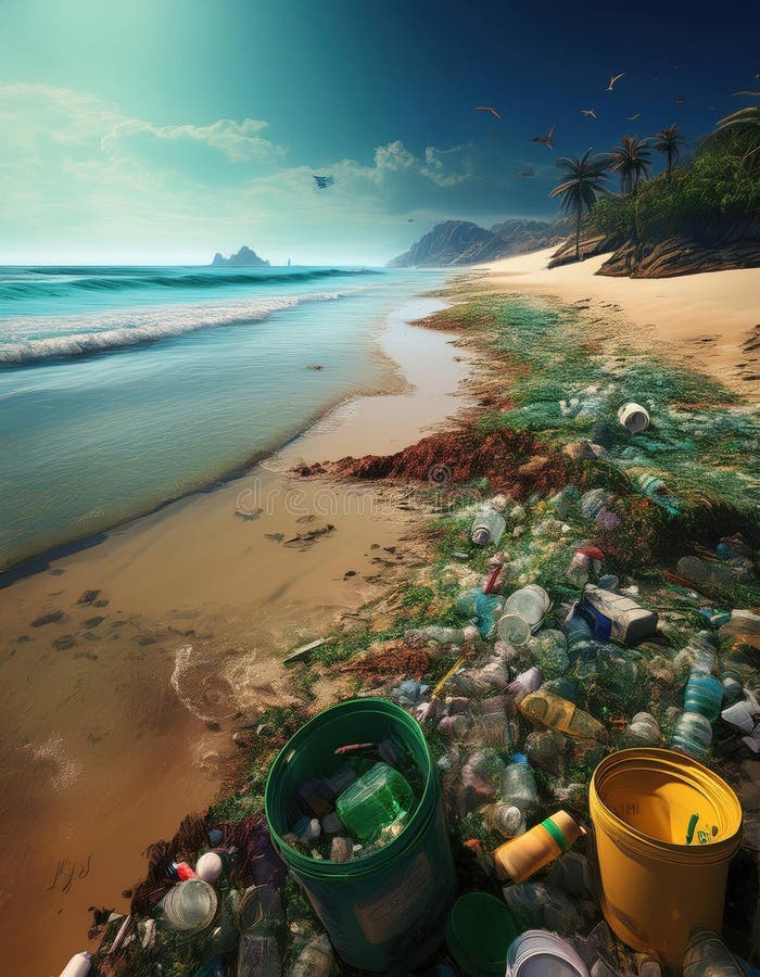 Colorful Waste Littering a Beautiful Beach Stock Photo - Image of ...