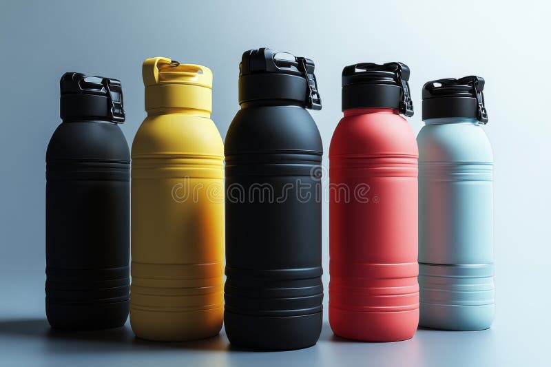 Colorful Water Bottles Arranged in a Row on a Smooth Surface Against a ...