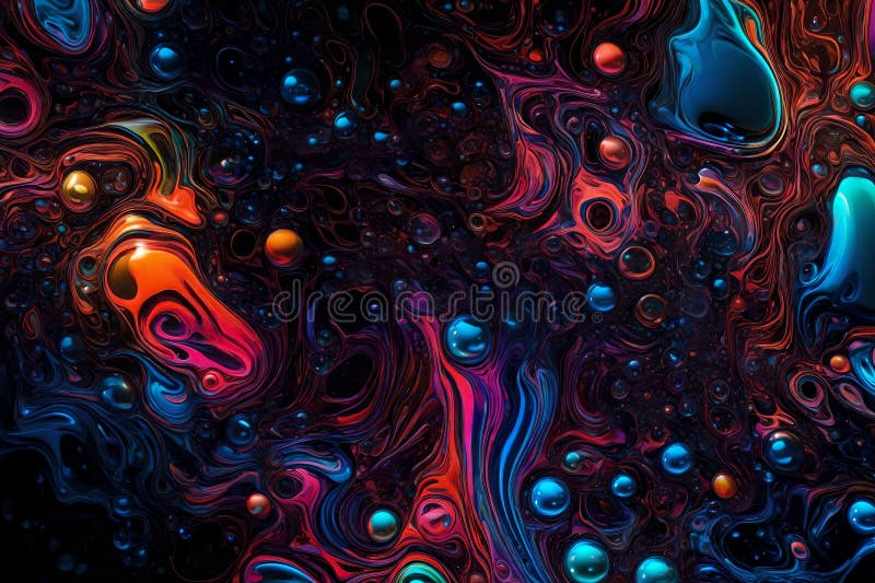Colorful Water Bubbles Flowing in a Dark, Glowing Liquid. Abstract ...