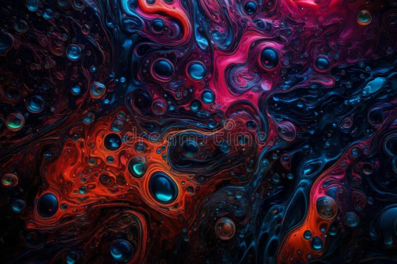 Colorful Water Bubbles Flowing in a Dark, Glowing Liquid. Abstract ...