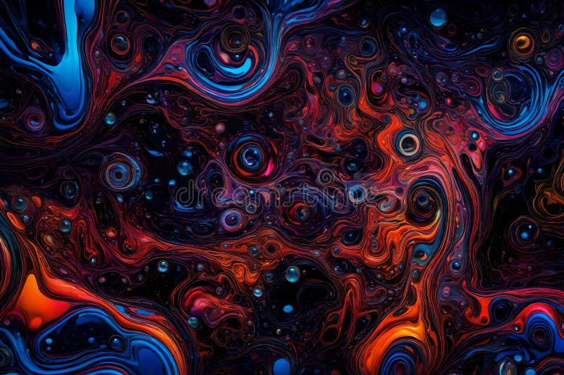 Colorful Water Bubbles Flowing through a Dark, Glowing Liquid. Abstract ...
