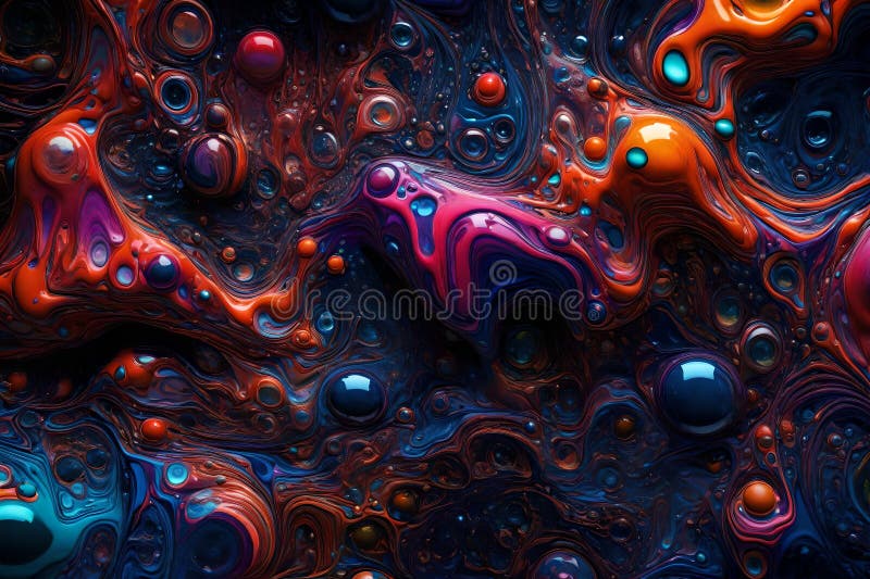 Colorful Water Bubbles Flowing through a Dark, Glowing Liquid. Abstract ...