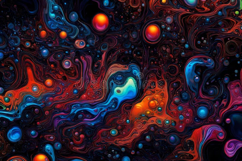 Colorful Water Bubbles Flowing through a Dark, Glowing Liquid. Abstract ...