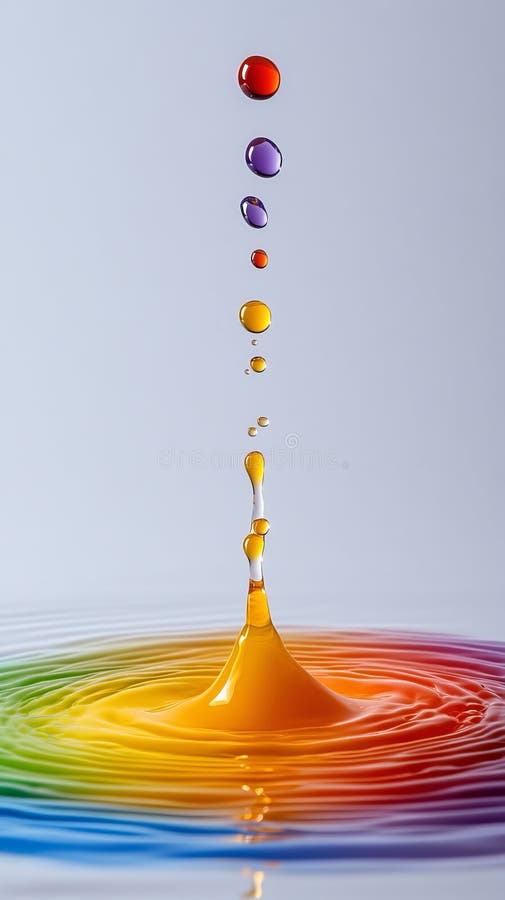 Colorful Water Drop Splash with Rainbow Ripples on Liquid Surface ...