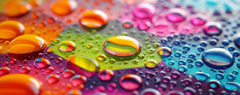 Colorful Water Droplets on a Vibrant Surface, Close-up View. Abstract ...