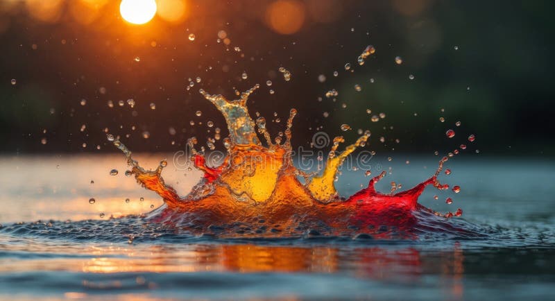 Colorful Water Splash in Lake at Sunset, Reflecting Light and Creating ...