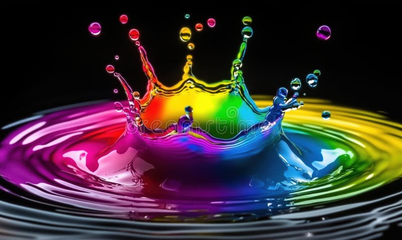 Colorful Water Splash with Rainbow Effect, Vibrant Droplets, Black ...