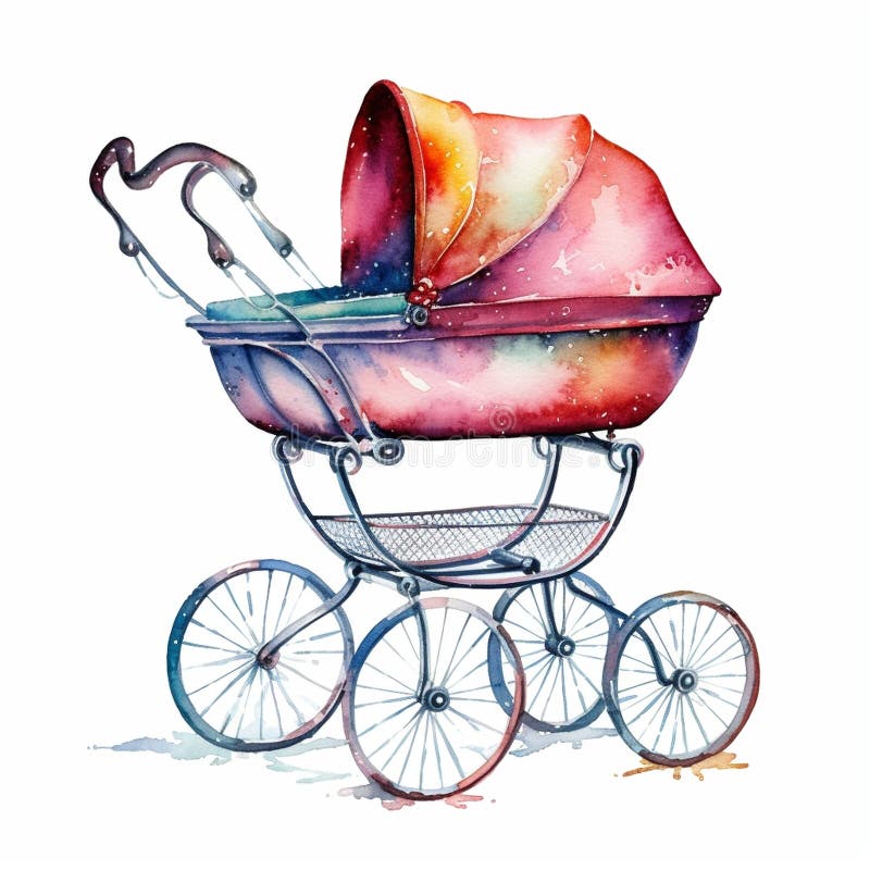 Colorful Watercolor Baby Stroller with a Whimsical Design. Stock ...