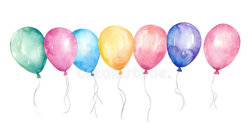 Colorful Watercolor Balloons in a Row on White Background Stock ...