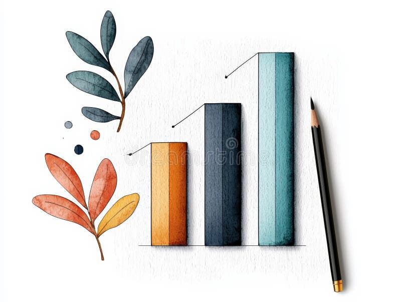 A Colorful Watercolor Bar Graph with Leaves and a Pencil Representing ...